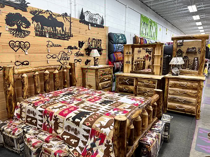 Rustic meets functional in this log furniture display. Each piece tells a story of the forest it came from and the hands that shaped it.