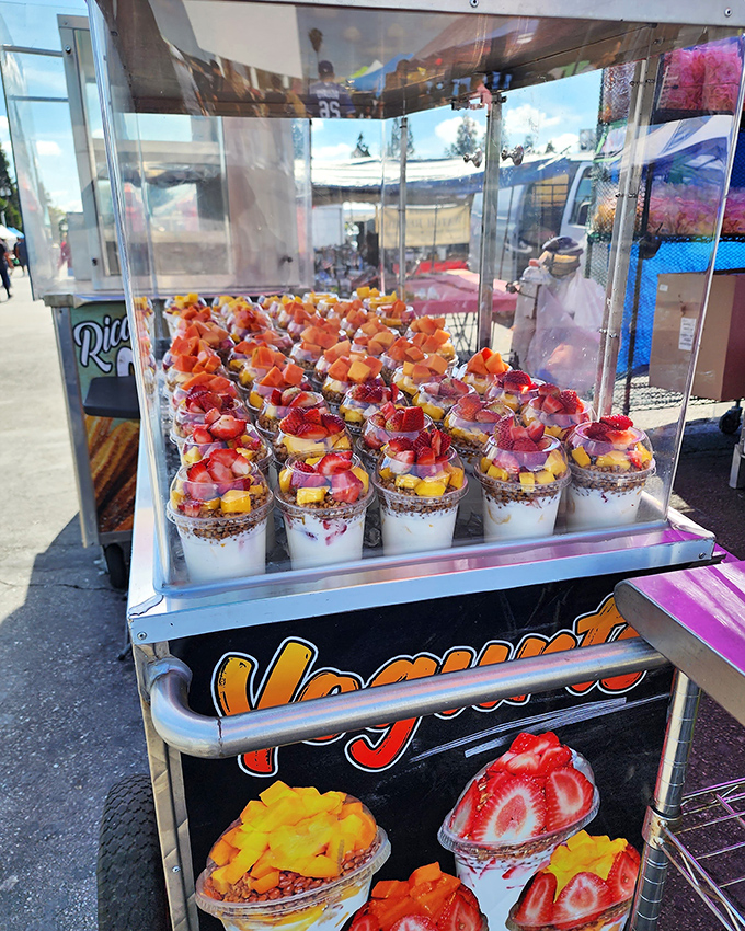 A rainbow of fresh fruit parfaits stands at attention, offering a refreshing respite from the treasure-hunting heat.