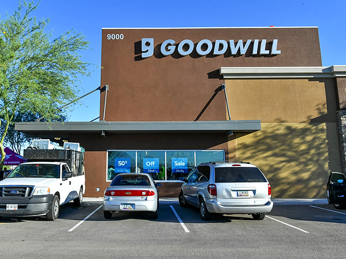 This modern Goodwill could be mistaken for an upscale retailer, its earth-toned exterior hiding a wonderland of second-hand treasures.