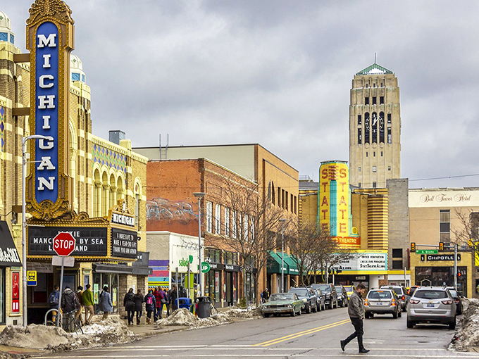 Ann Arbor's Michigan Theater marquee lights up downtown, a neon beacon for film buffs and architecture lovers alike.