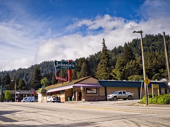 Boulder Creek's small-town market looks like the kind of place where they still keep tabs for regular customers. Redwoods stand guard nearby.