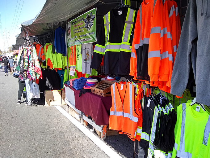 Bright safety gear meets practical shopping in this no-nonsense marketplace of everyday bargains.