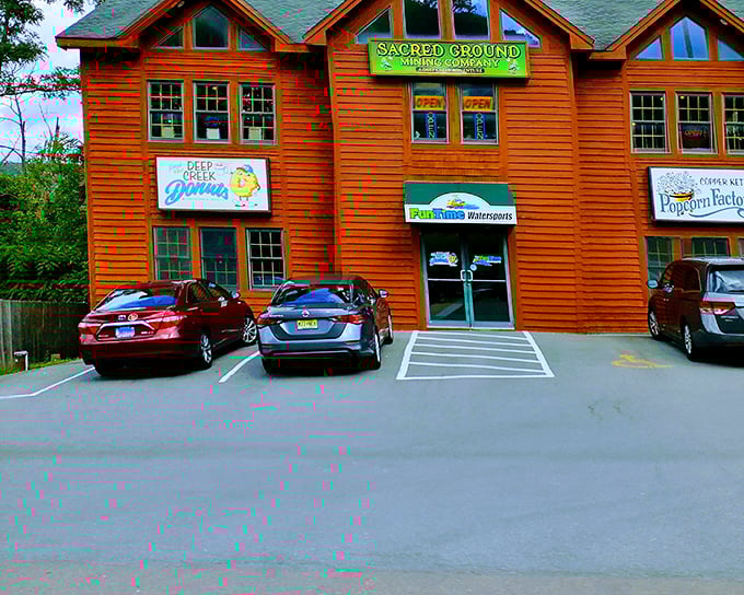 Deep Creek Donuts nestles into its rustic wooden home like it was always meant to be there. Mountain air makes donuts taste better!