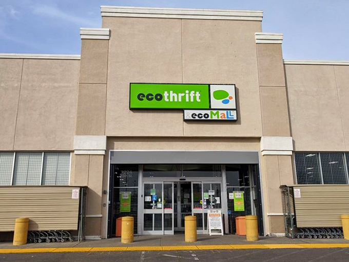 Eco Thrift's no-nonsense exterior hides a cavernous wonderland of pre-loved treasures. Don't judge this book by its beige cover!