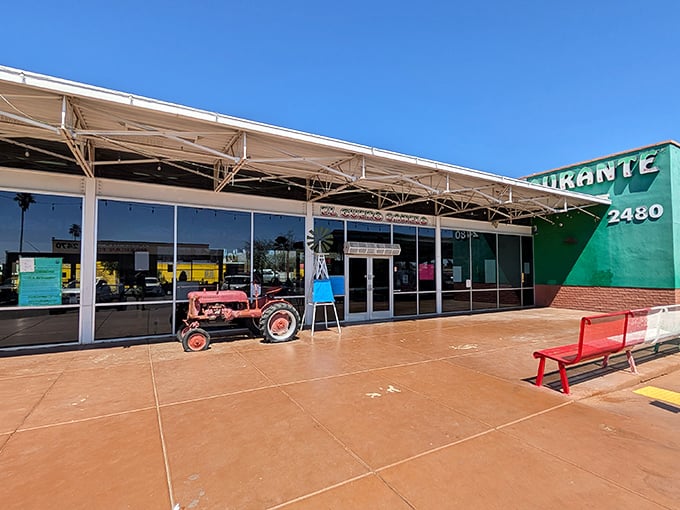 El G&uuml;ero Canelo's modern storefront with its vintage tractor mascot bridges old and new. Inside, burrito traditions are honored with every bite.