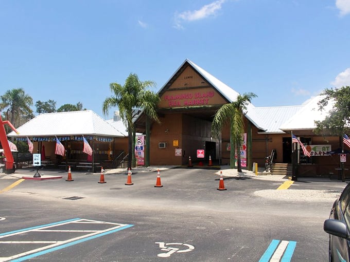 Flamingo Island's tropical entrance &ndash; less a flea market, more a vacation destination with incredible deals!