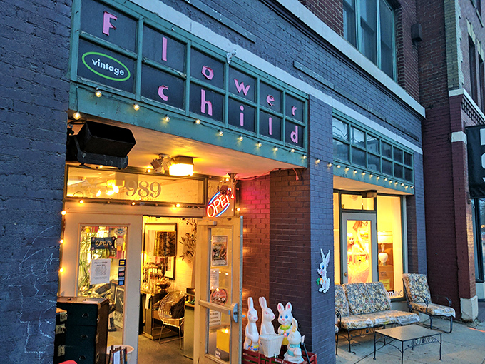 Flower Child's twinkling lights and vintage sign transform an ordinary storefront into a portal to decades past.