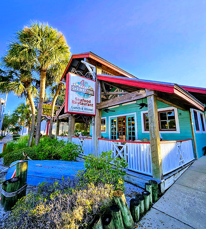 The mint-green facade of Fourth Street Shrimp Store hides a not-so-secret secret: their grouper rivals their famous shrimp!