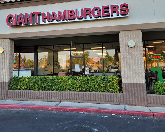 Giant Hamburgers' bold red sign makes a promise that your stomach will thank you for investigating. Size does matter!