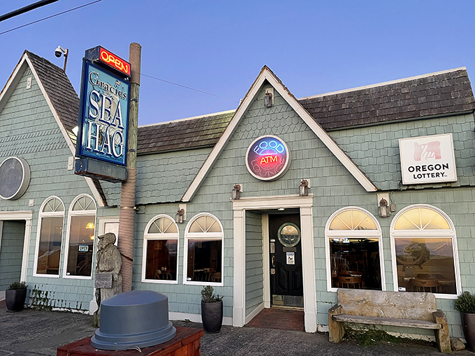 Gracie's Sea Hag's storybook exterior in seafoam green has been welcoming hungry travelers to Depoe Bay for decades.