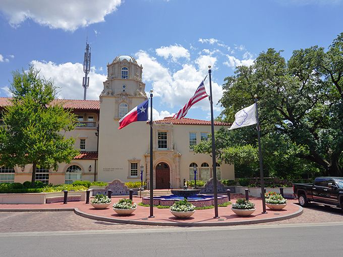 Highland Park's Spanish-inspired city hall stands like a Texas-sized wedding cake under perfect blue skies.