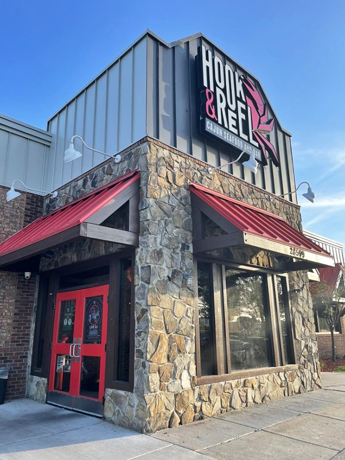 Hook & Reel's stone-and-metal exterior hints at the bold Cajun flavors waiting inside this Livonia hotspot.