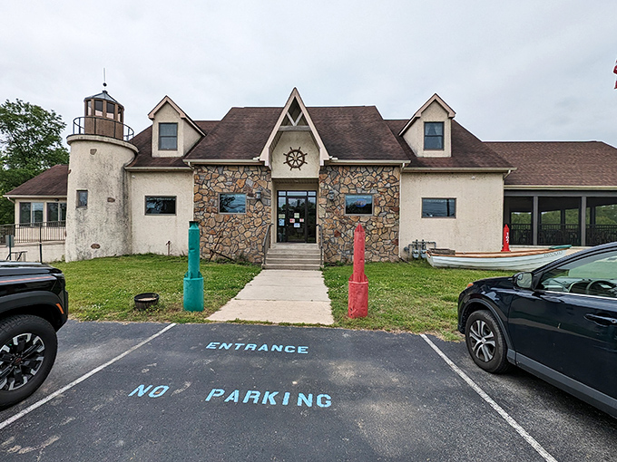Kathy's lighthouse-inspired building stands like a sentinel, guiding seafood lovers to shore with the promise of crab feasts.