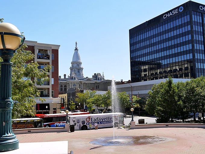 Lafayette's fountain plaza creates a gathering spot for affordable community enjoyment. Simple pleasures in a budget-friendly package.