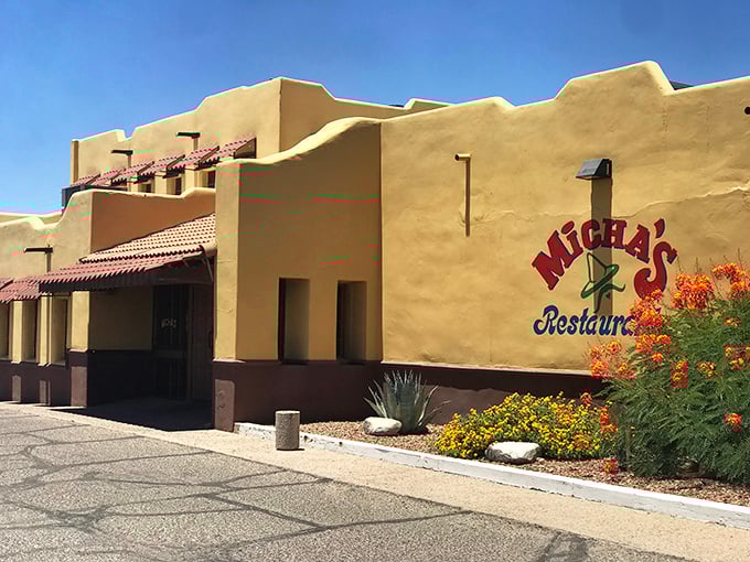 Micha's sand-colored adobe walls and red signage blend perfectly with Tucson's landscape. Desert architecture at its most appetizing!