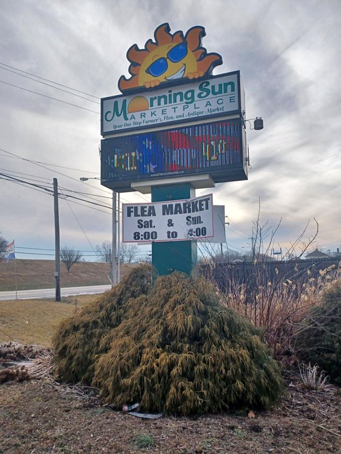 Morning Sun's cheerful sign promises weekend adventures where early birds catch both worms and the best vintage vinyl records.