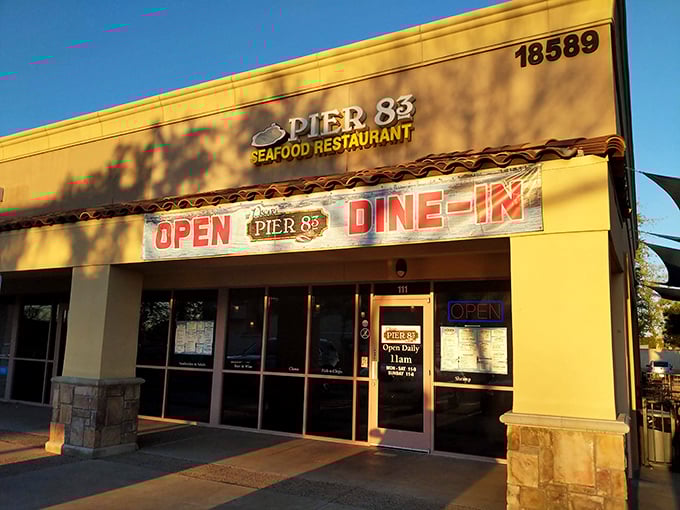 The "DINE-IN" sign at Pier 83 might as well say "Fish this fresh deserves to be eaten immediately."