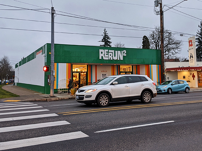 Rerun's rainbow-striped facade is like a mid-century modern welcome mat. Step inside for a time-traveling furniture adventure!
