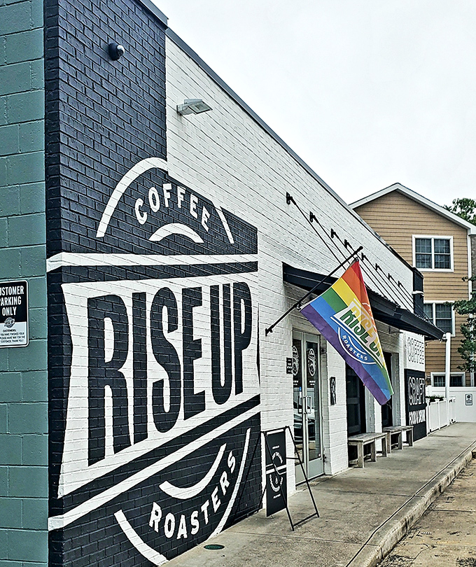 Rise Up Coffee's bold black and white exterior makes a statement as strong as their freshly roasted beans.