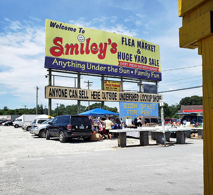 Smiley's lives up to its name with a cheerful welcome sign promising "Anything Under the Sun" for eager shoppers.