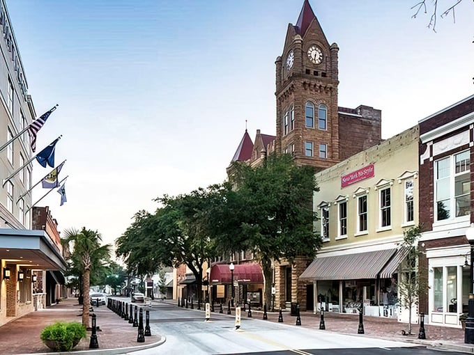 The clock tower stands watch over downtown, keeping time for generations of shoppers, diners, and dreamers.