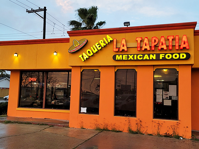 La Tapatia's sunset-orange building glows like the perfect salsa roja. Even at dusk, this taco beacon calls to hungry Corpus Christi locals.