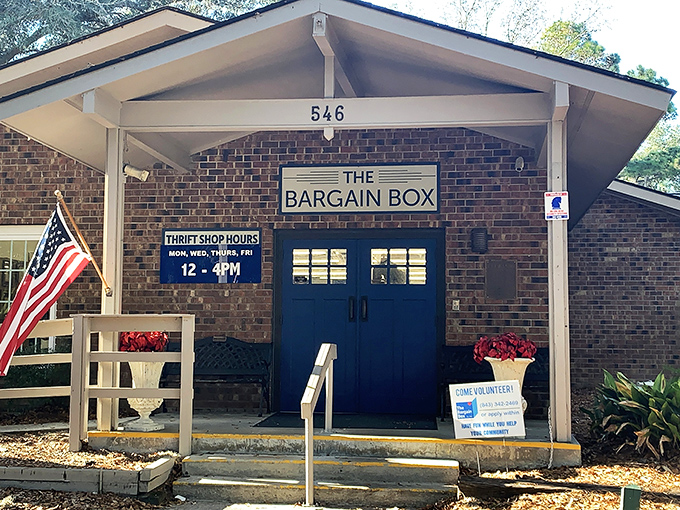 The Bargain Box's charming brick exterior and blue doors welcome treasure hunters to Hilton Head's best-kept secret.