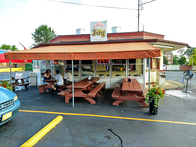The Jug's outdoor seating isn't just practical&mdash;it's where summer memories are made, one burger at a time.