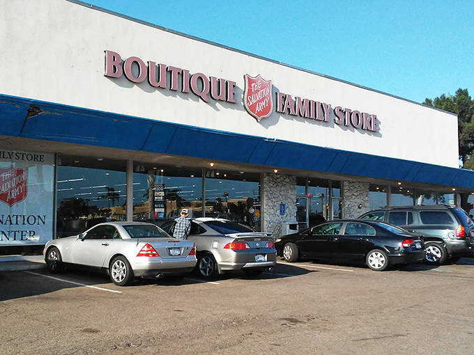 The Salvation Army's curved awnings welcome shoppers like open arms. Inside, household histories await new chapters.