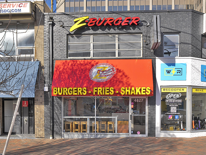 Z-Burger's storefront brings a pop of color to Bethesda's brick sidewalks. That lightning bolt logo promises fast, electrifying flavor!