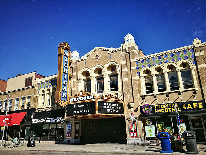 The ornate Michigan Theater in Ann Arbor showcases the golden age of cinema architecture, when movie houses were palaces.
