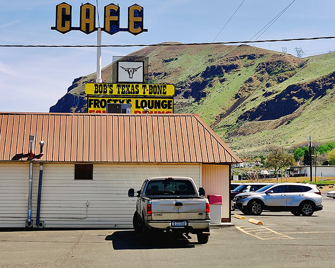 That vintage "CAFE" sign has guided hungry travelers for decades. With hills in the background and steaks inside, what more could you want?