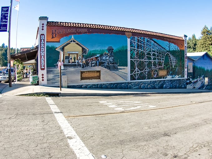 This colorful mural in Boulder Creek tells stories of the town's logging past, when redwoods were currency and trains were lifelines.