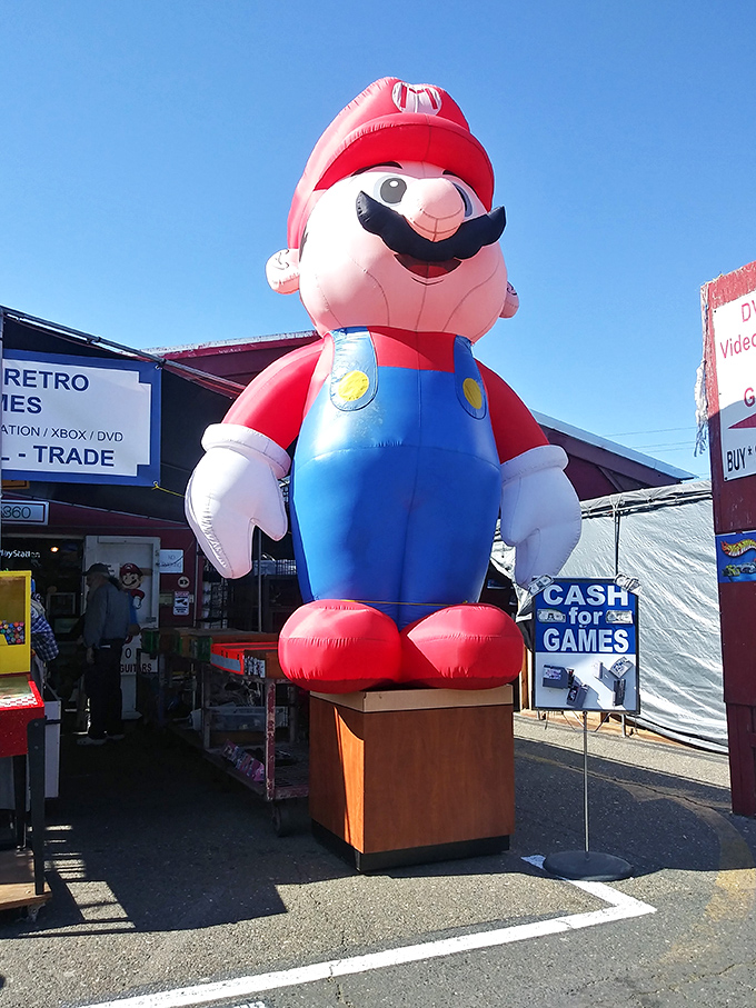 That inflatable Mario brings childhood joy to serious treasure hunting in Sacramento's favorite market.