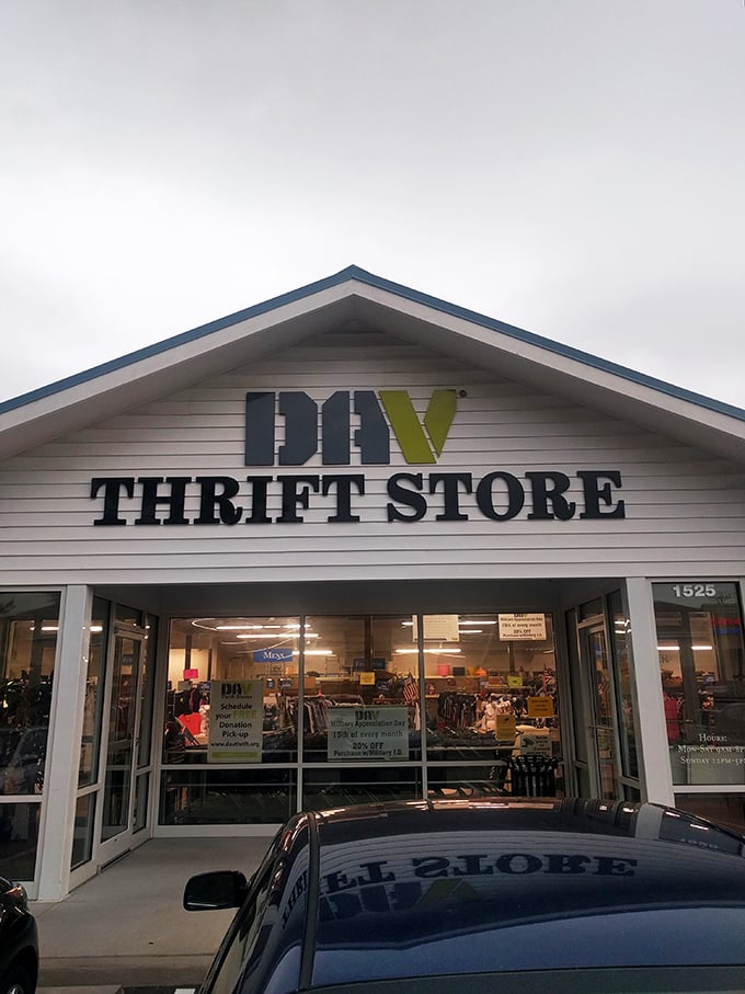 Evening light softens DAV Thrift Store's facade. Inside, yesterday's treasures wait patiently for tomorrow's homes.