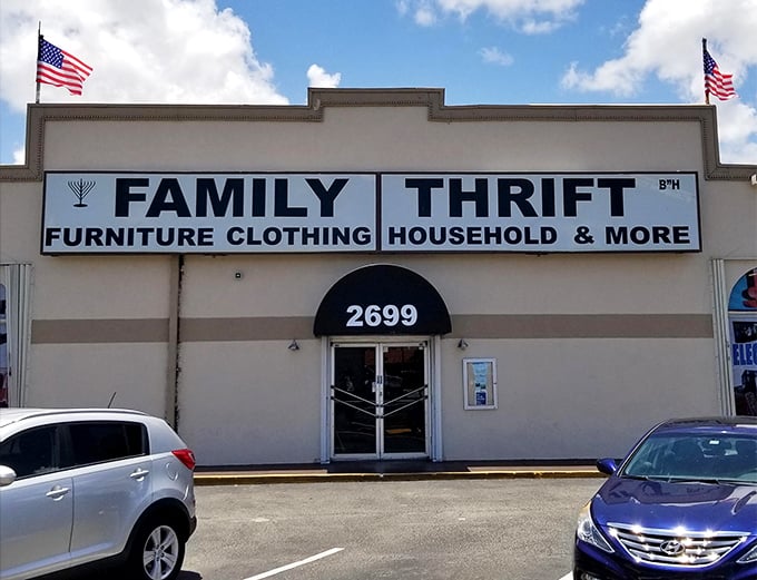 American flags frame this thrift paradise, where patriotism meets fantastic prices on everyday needs.