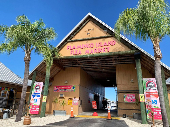 Sunshine and savings! Flamingo Island's bright exterior perfectly captures the cheerful vibe inside, where beach-themed treasures await at prices that won't sink your budget.