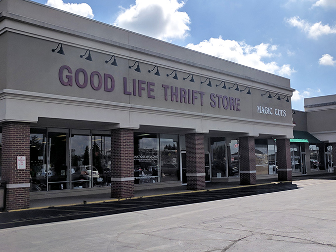 Sunshine and savings go hand-in-hand at Good Life. Those black lamps above the entrance spotlight the path to thrifting nirvana.
