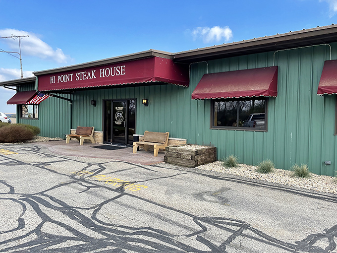 The simple green building with burgundy trim says everything you need to know – we're serious about steaks, not about showing off.
