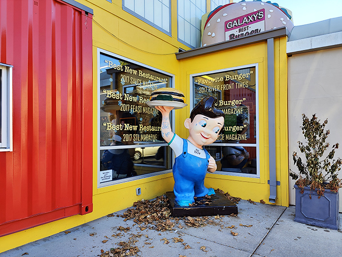 The cheerful burger mascot outside Hi-Pointe seems to say, "Trust me, you're about to have the best lunch of your week."