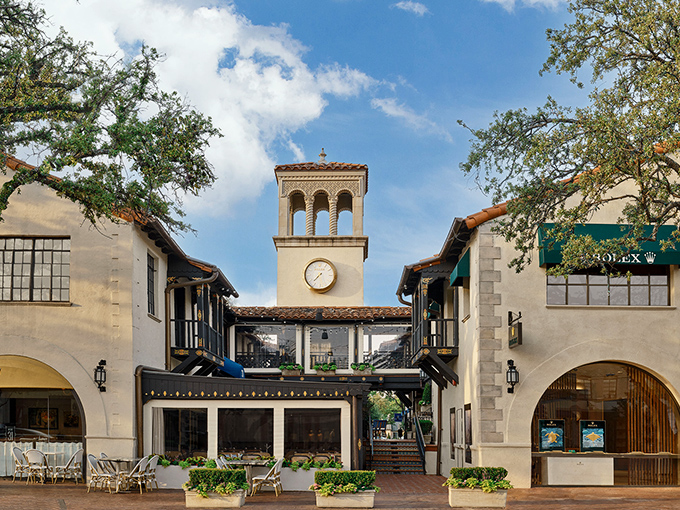 Highland Park Village's clock tower watches over shoppers like a refined timekeeper of Texas luxury.
