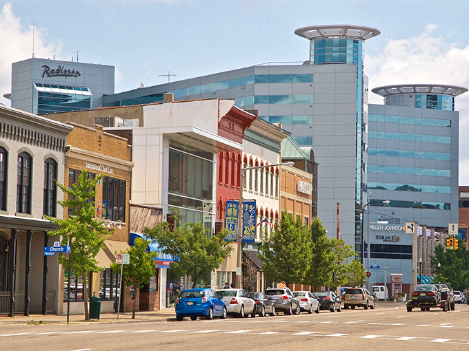 These colorful storefronts line up like a box of crayons that decided to open businesses.