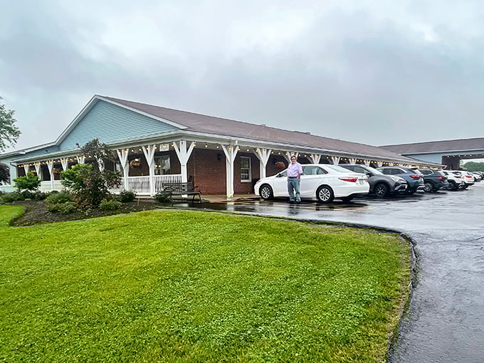 Rain or shine, Mary Yoder's covered entrance welcomes breakfast enthusiasts with the promise of homestyle comfort.