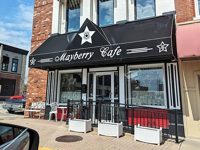 Black, white, and delicious all over &ndash; Mayberry's theatrical storefront sets the stage for sandwich stardom. 