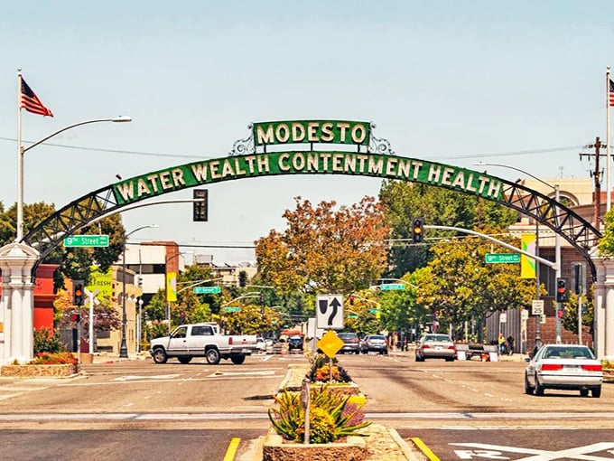 "Water, Wealth, Contentment, Health" &ndash; Modesto's promise spans this welcoming arch, where retirement dollars find their happy place.
