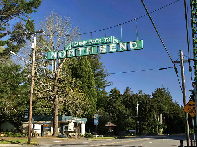 North Bend's iconic sign promises affordable coastal living where the forest meets the sea.