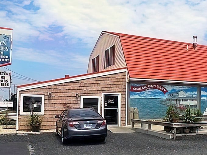 Ocean Odyssey: Part farmhouse, part seafood heaven &ndash; this Eastern Shore landmark stands out with its bright red roof and a captivating mural of an ocean scene, inviting you in for a taste of fresh seafood.