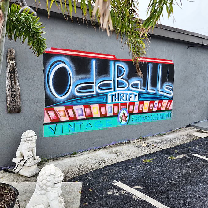 That vibrant mural is just the opening act for the kaleidoscope of vintage oddities waiting inside.