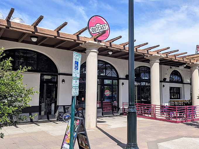 Architectural charm meets donut artistry &ndash; Outcast's patio practically begs you to sit, sip, and savor every bite.