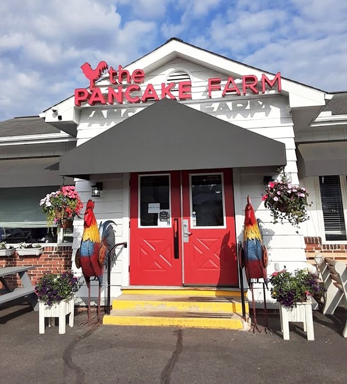 Those colorful roosters guard The Pancake Farm's entrance like sentinels of breakfast. They know what treasures lie within!
